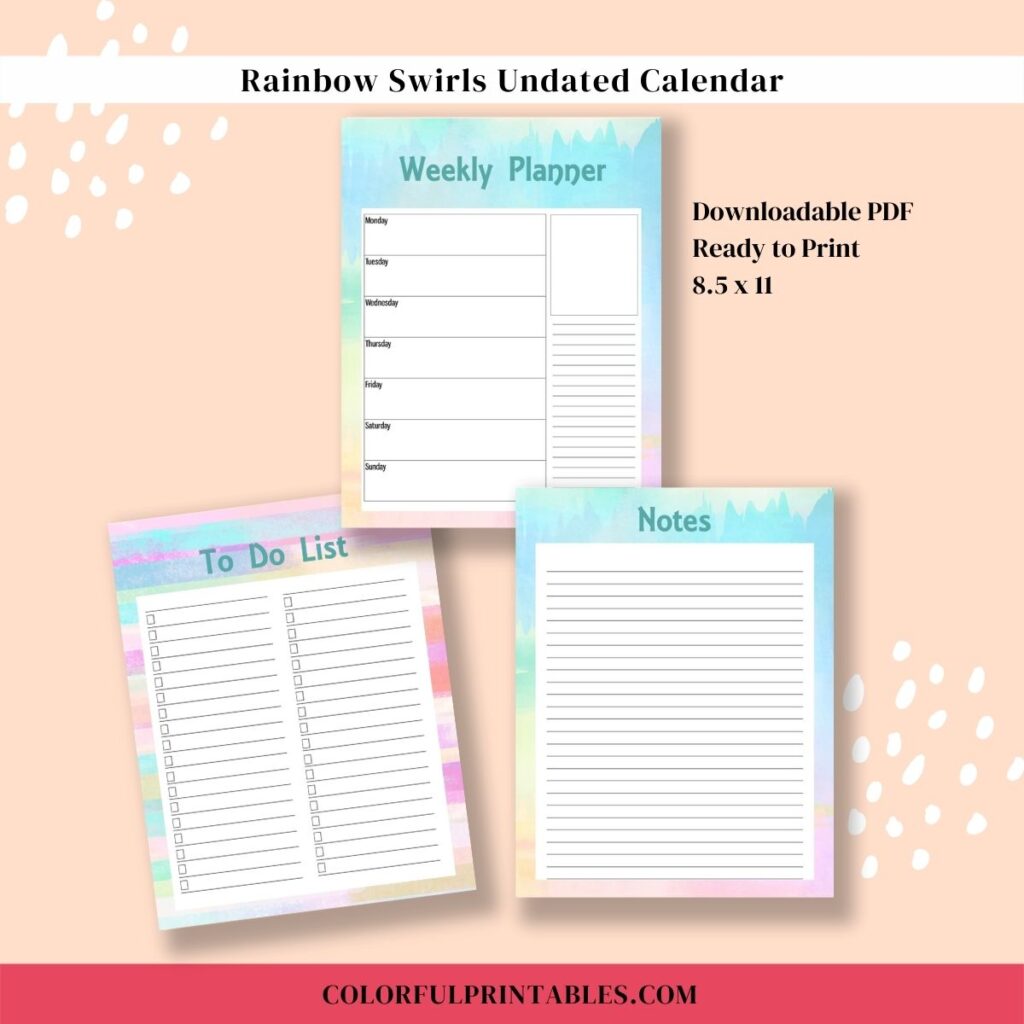 Rainbow Swirls Undated Calendar - Colorful Printables