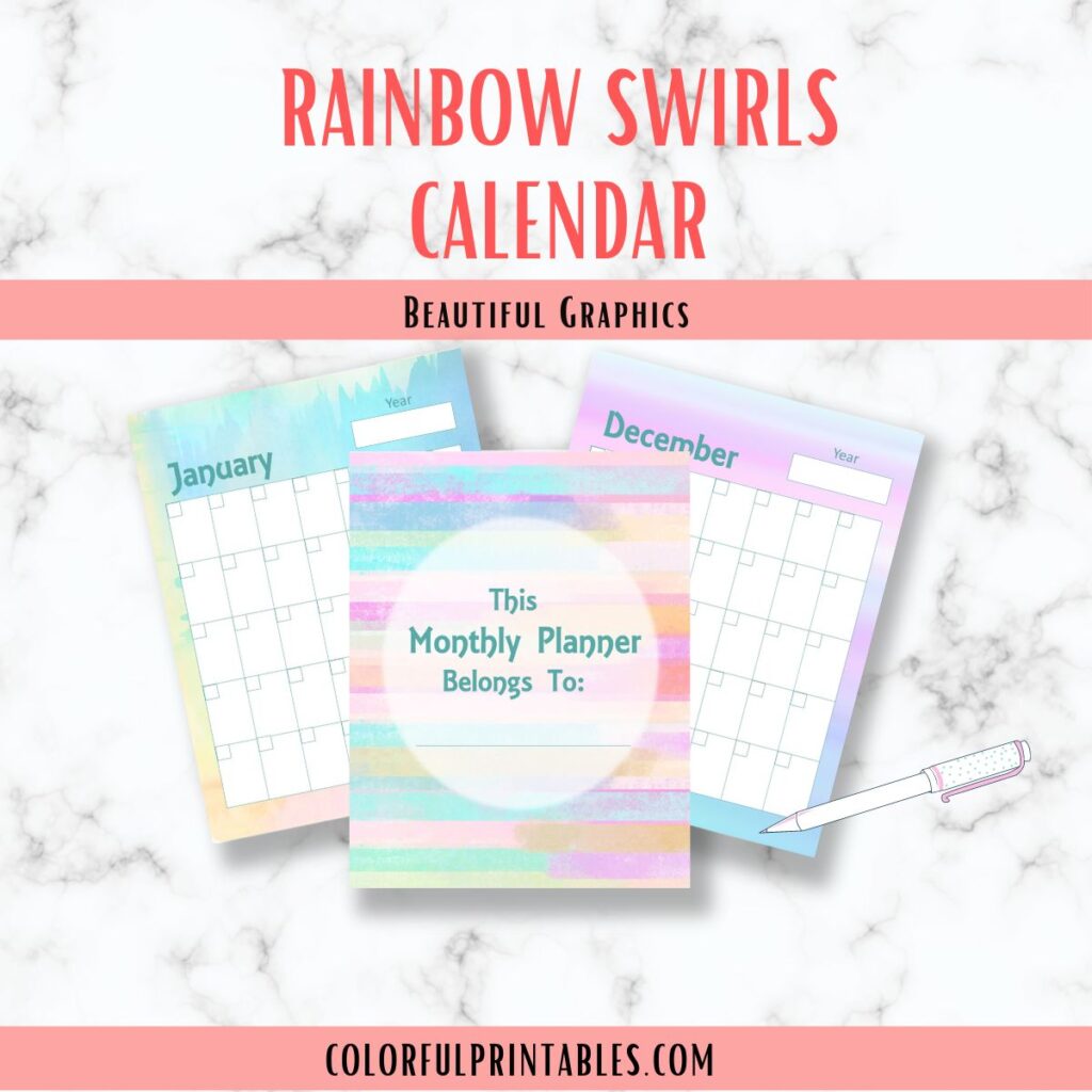 Rainbow Swirls Undated Calendar - Colorful Printables
