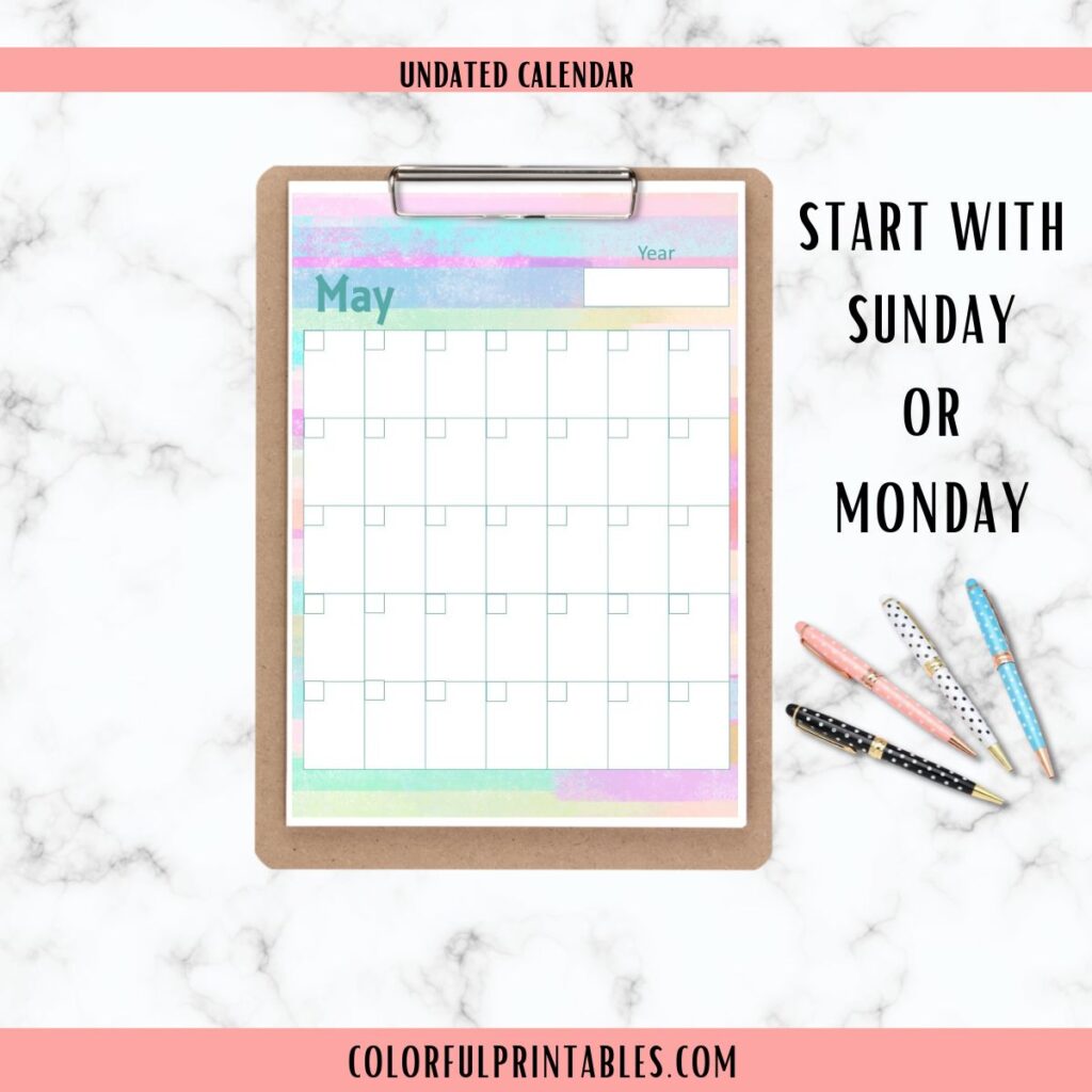 Rainbow Swirls Undated Calendar - Colorful Printables